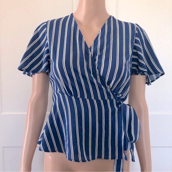 Monteau | Tops | Monteau Blue White Stripes Flutter Sleeves Wrap Top ...